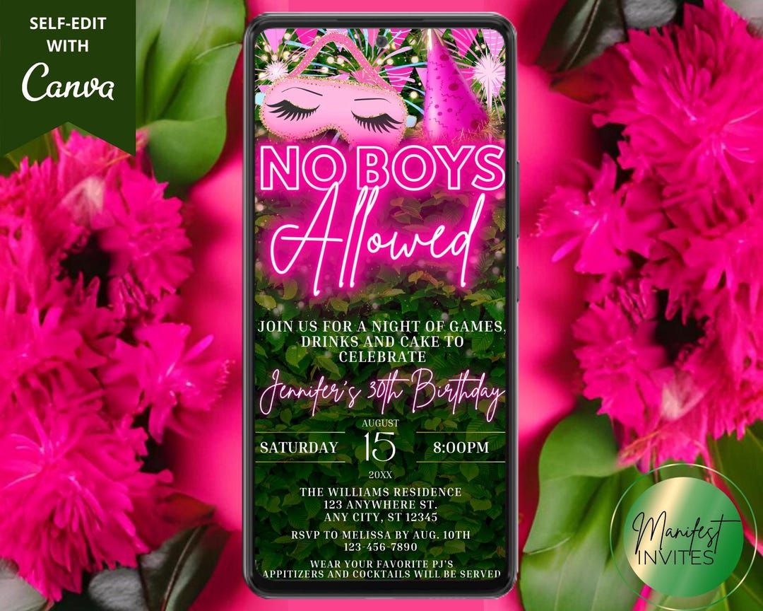 Digital No Boys Allowed Slumber Party Birthday Invitation, Electronic ...
