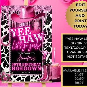 Editable Pink Disco Cowgirl Birthday Hoedown Welcome Sign, Western Glam ...