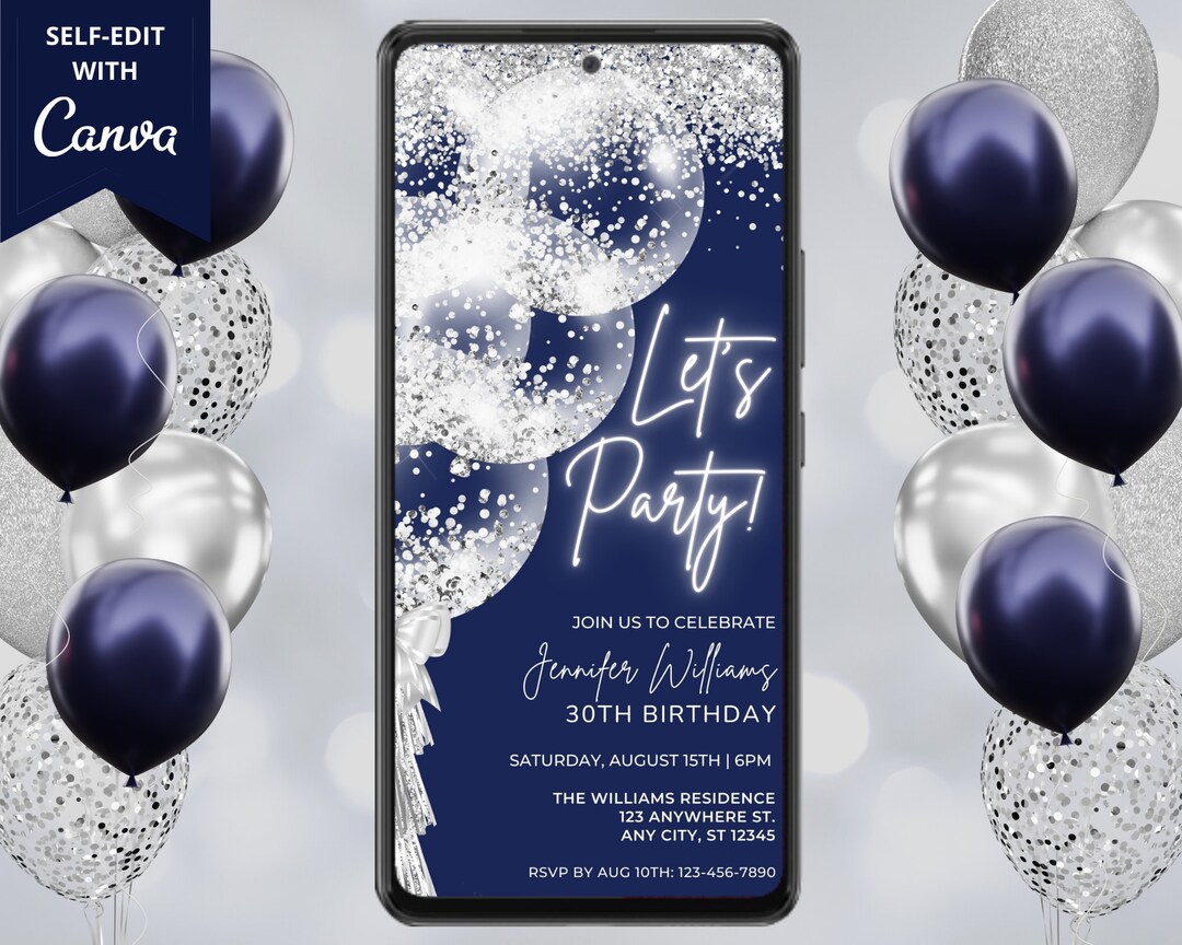 Invitación de cumpleaños de globos de plata azul marino de fiesta ...