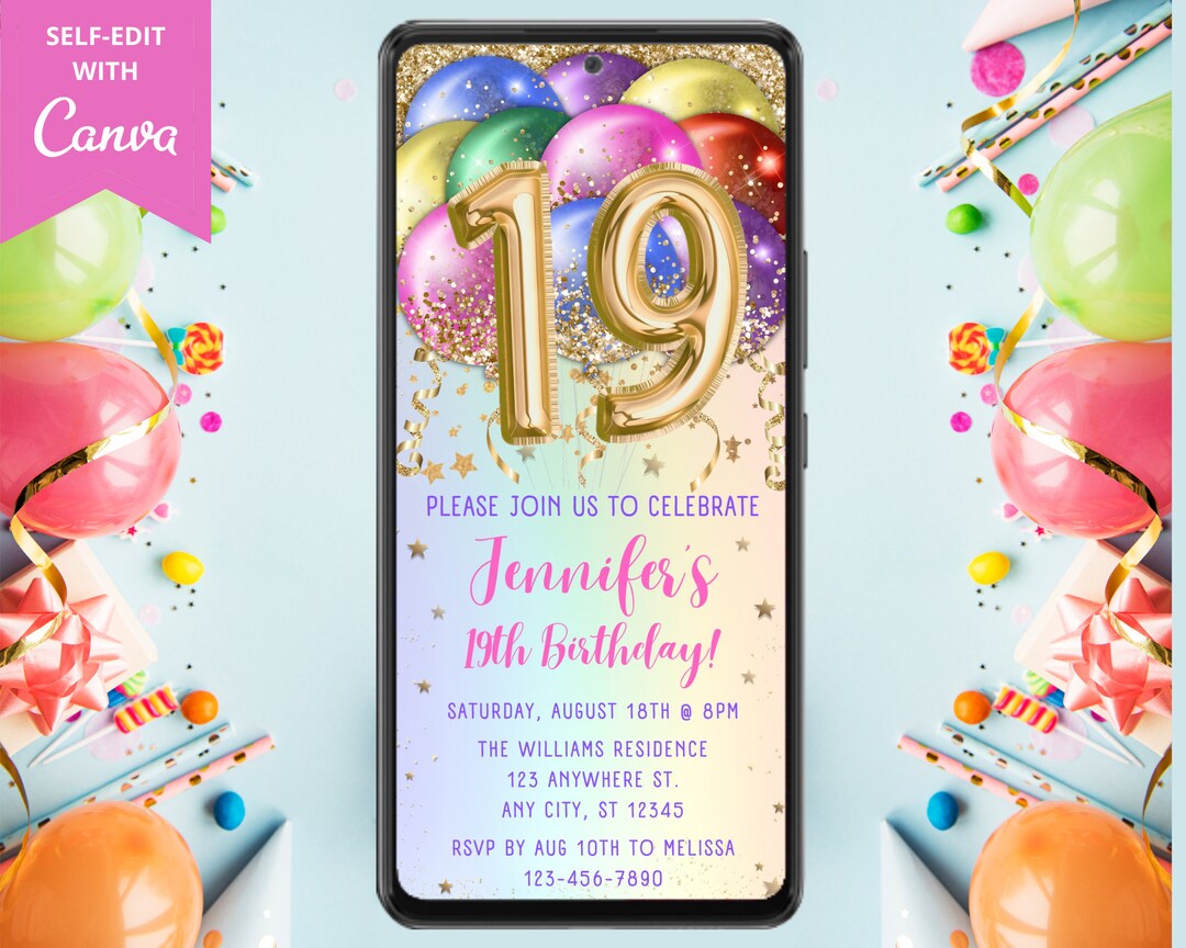 Digital 19th Birthday Party Rainbow Balloons Invitation, Electronic ...