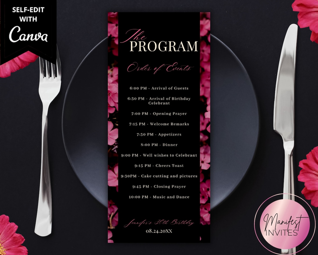 Editable Pink Floral Birthday Event Program Card Template, Birthday ...