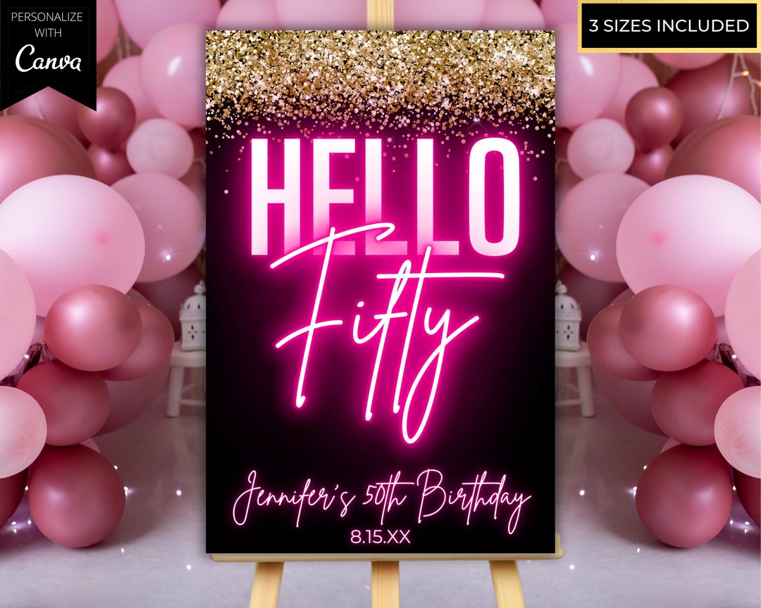 Editable Hello Fifty 50th Birthday Pink Neon Gold Glitter Drip Welcome ...