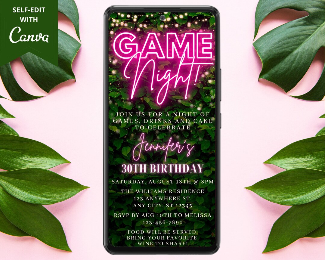 Digital Game Night Birthday Invitation, Electronic Phone Text Message Email Evite, Pink Neon ...