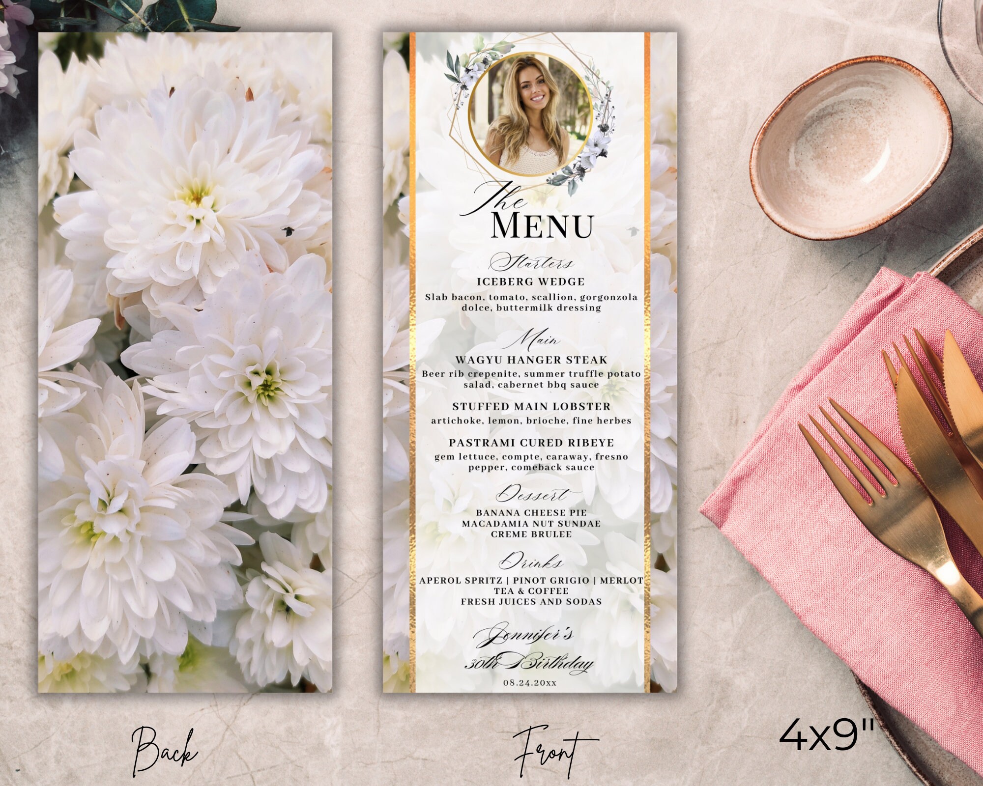 Editable Picture White Floral Menu Card Template, Printable Event Menu ...