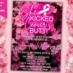 Printable Breast Cancer Survivor Party Invitation, She Kicked Cancer's Butt, Editable Template ...