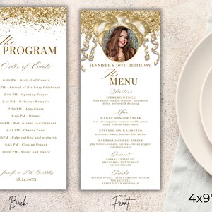 Editable Picture White Gold Glitter Balloons Menu and Program Card ...