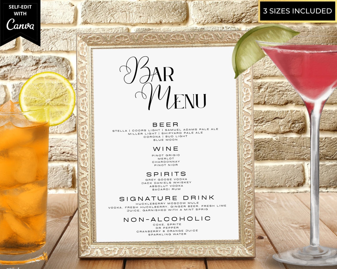 Editable Modern Minimalist Bar Menu Signature Drink Sign Menu Template ...