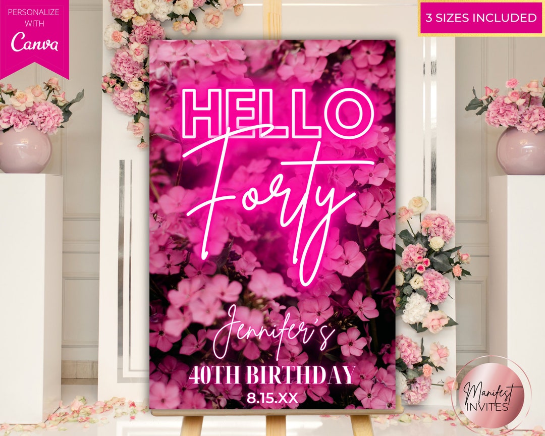 Printable Hello Forty 40th Birthday Party Pink Floral Welcome Entrance ...