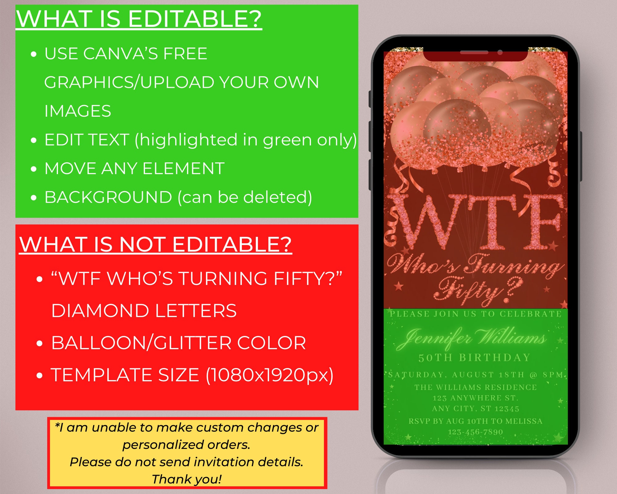 Digital Who's Turning Fifty 50th Birthday Party Green Gold Diamond ...