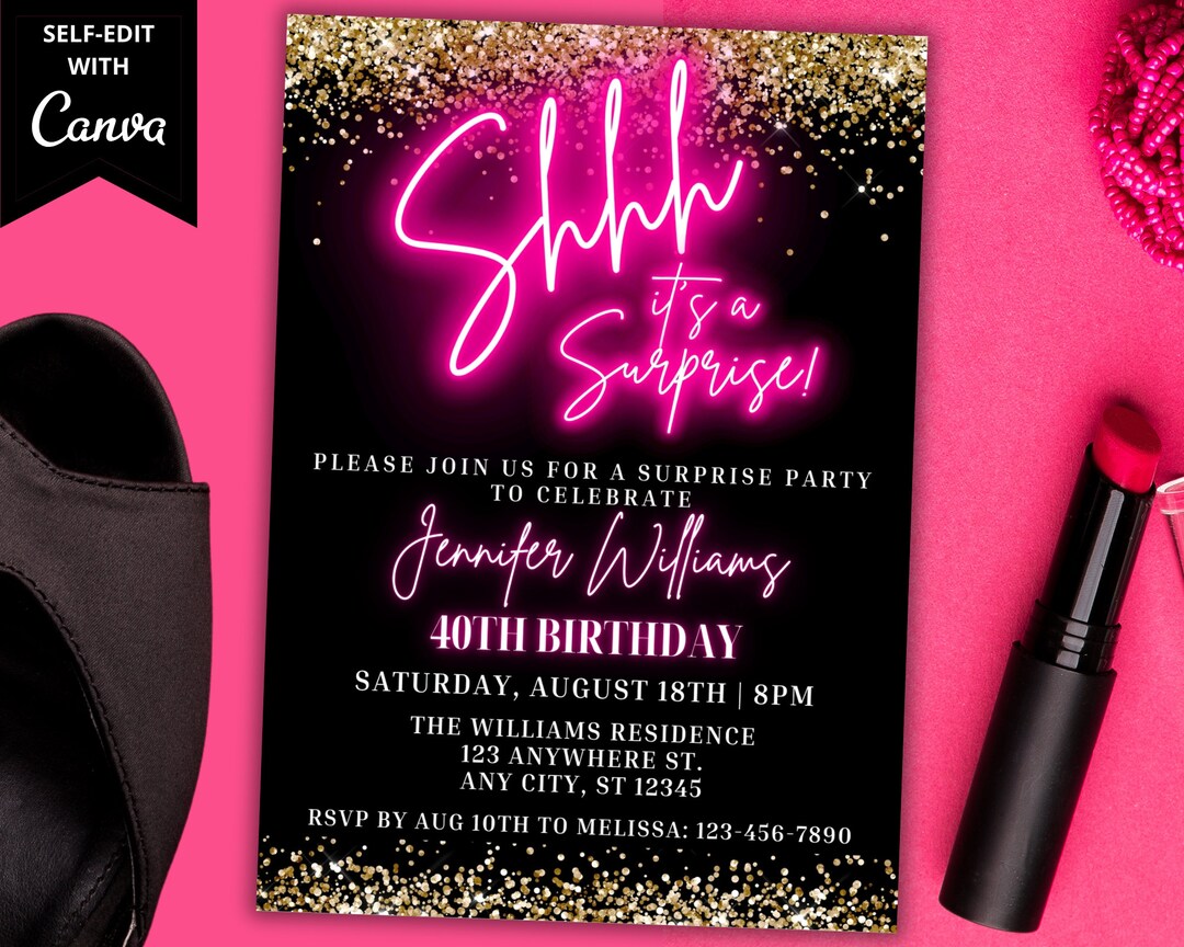 Editable Shhh It's a Surprise Birthday Pink Neon Gold Glitter Party ...