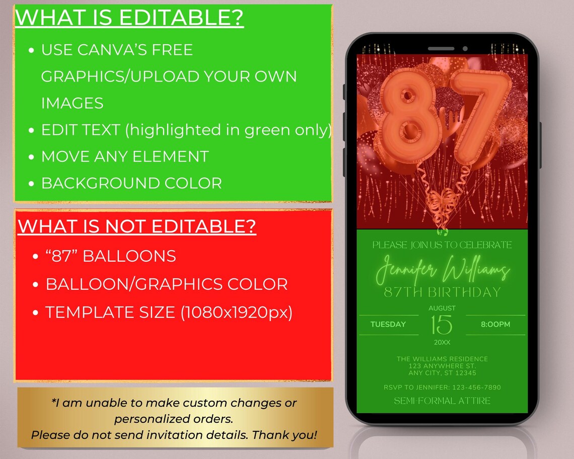 Digital 87th Birthday Party Invitation, Black and Gold Balloons, Adult ...