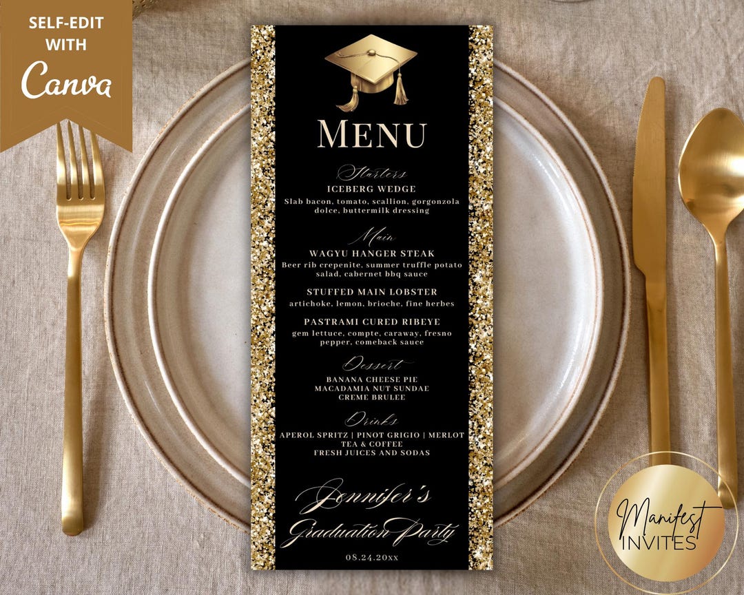 Editable Modern Graduation Black Gold Dinner Menu Card Template, Custom ...
