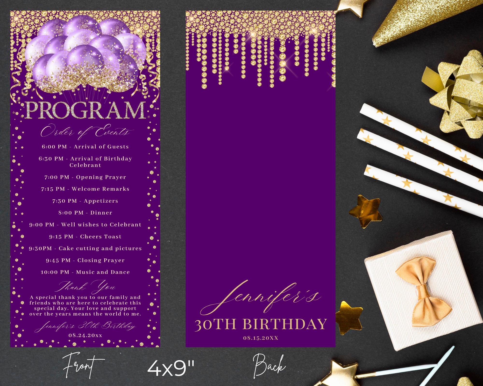 Editable Glam Purple Gold Glitter Balloons Diamond Program and Thank ...