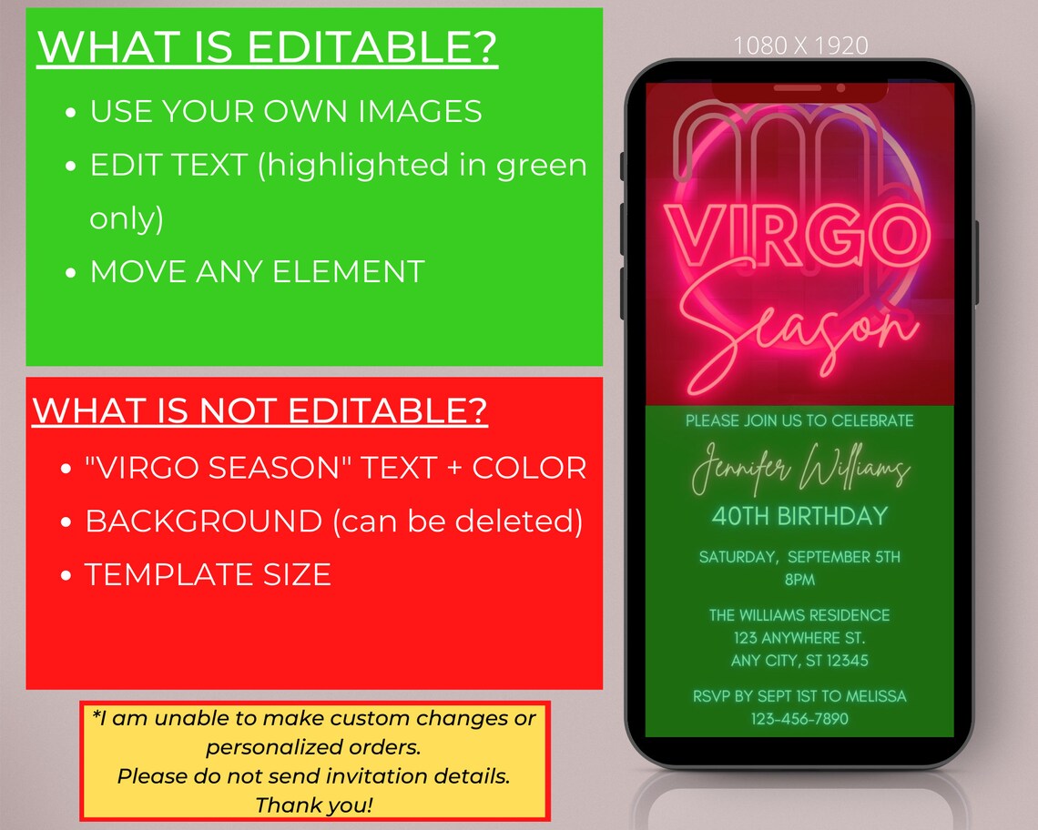 Virgo Zodiac Birthday Digital Invitation Electronic Party - Etsy