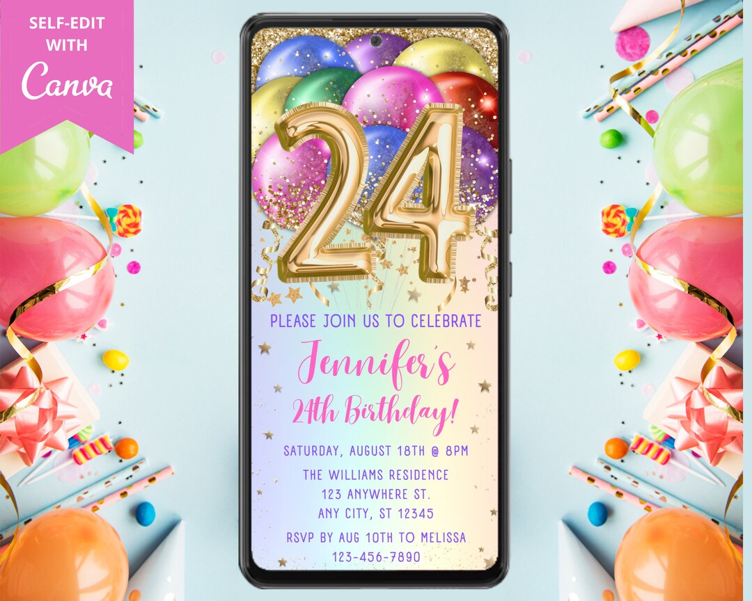 Digital 24th Birthday Party Rainbow Balloons Invitation, Electronic ...