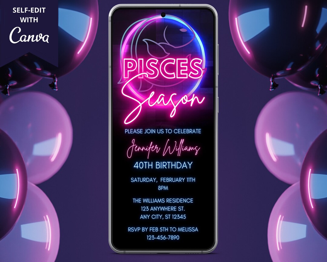 Pisces Zodiac Birthday Digital Invitation, Electronic Party Invite ...