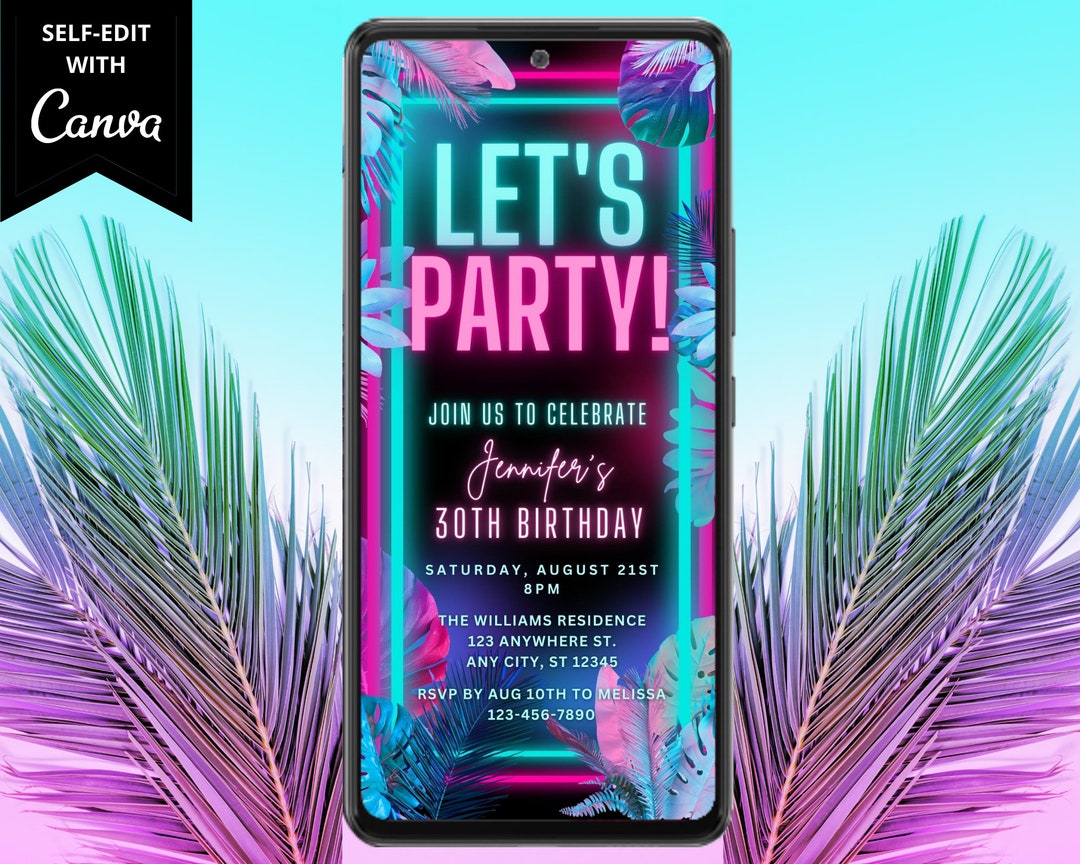 Digital Tropical Birthday Party Invitation, Electronic Phone Text ...