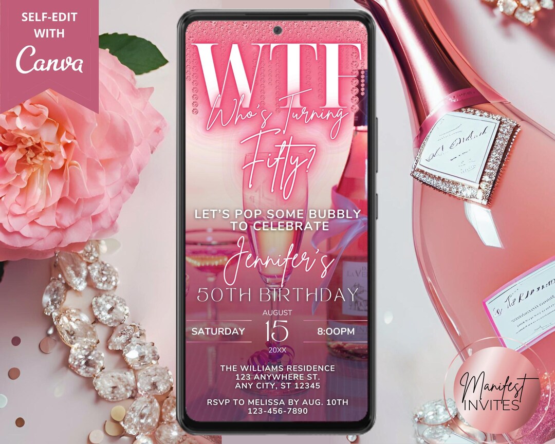 Digital WTF Fifty 50th Birthday Party Adult Invitation, Pink Champagne ...