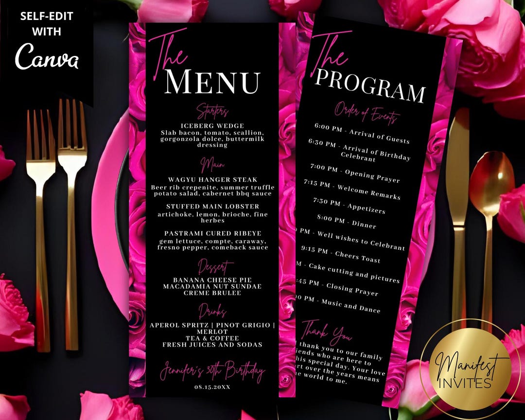 Editable Hot Pink Floral Roses Menu Program and Thank You Note Card ...
