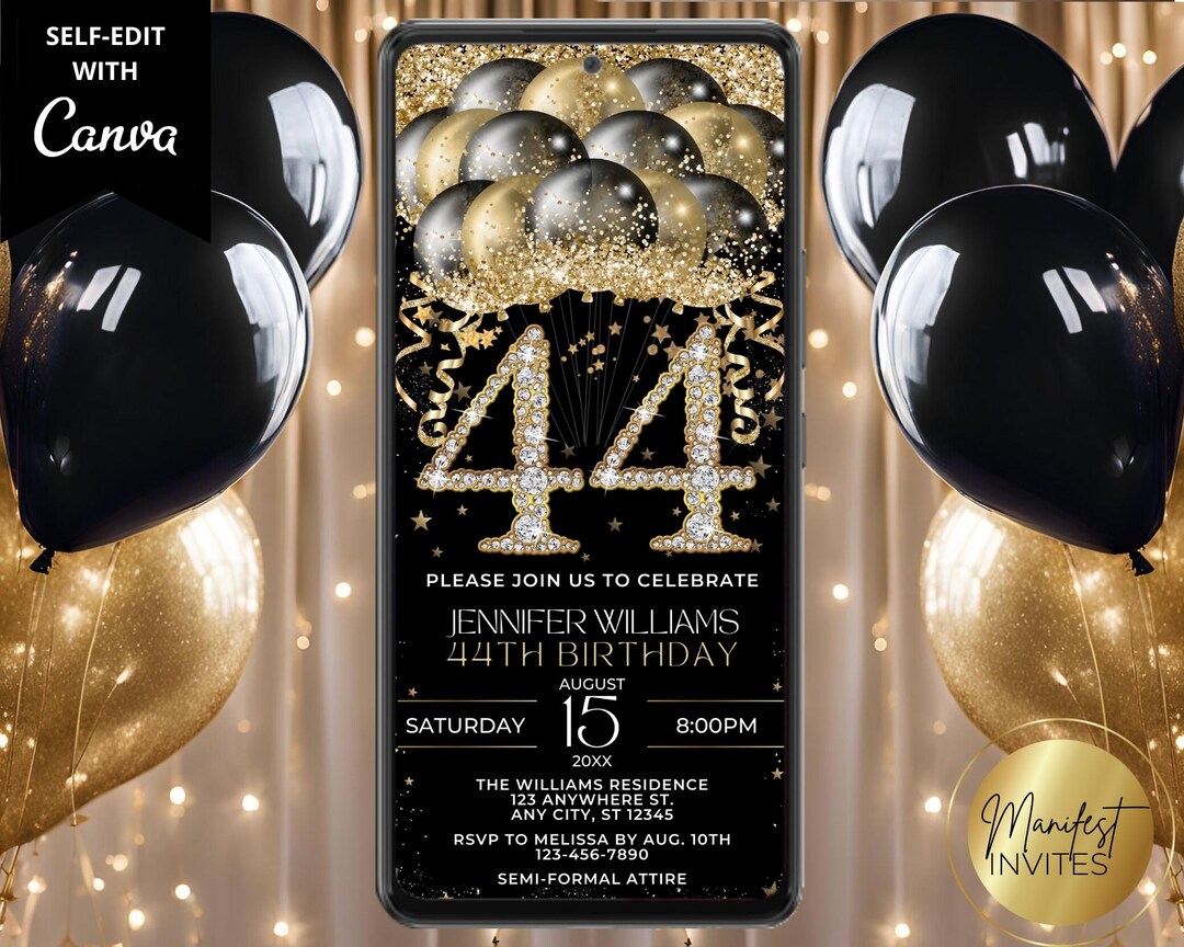 Digital Glam 44th Birthday Party Invitation, Elegant Diamond Black Gold ...