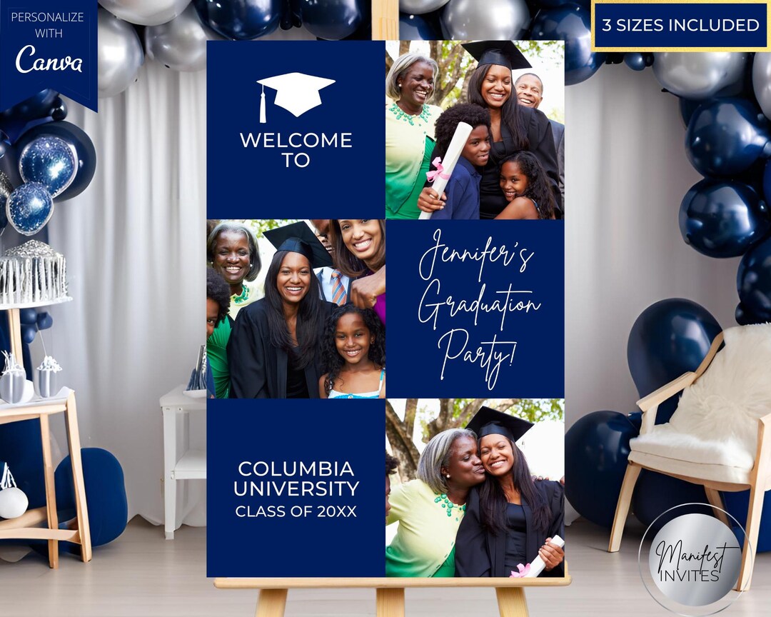 Editable Modern Blue White Graduation Party Welcome Sign Photo Template ...