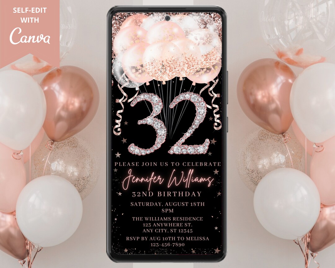 Digital 32nd Birthday Pink Rose Gold Diamond Balloons Party Invitation ...