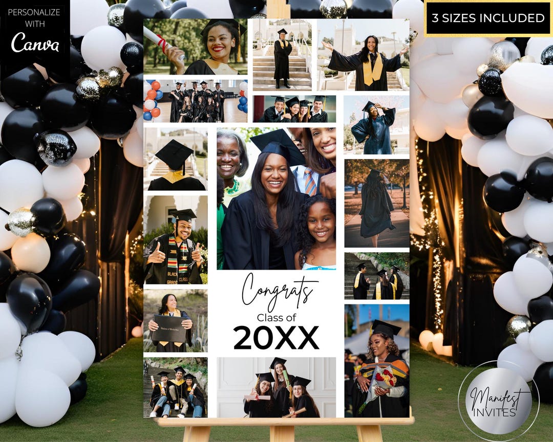 Editable Graduation Party Photo Collage Welcome Sign, Modern White ...