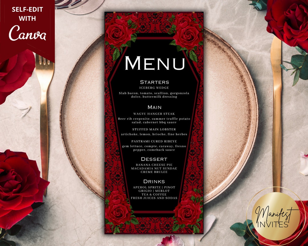 Editable Gothic Wedding Engagement Halloween Dinner Menu Template, Red ...