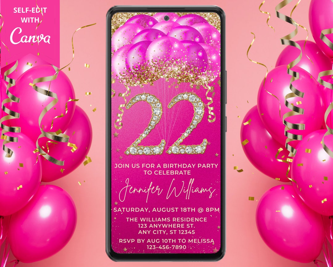 Digital 22nd Birthday Diamond Gold Pink Balloons Party Invitation ...