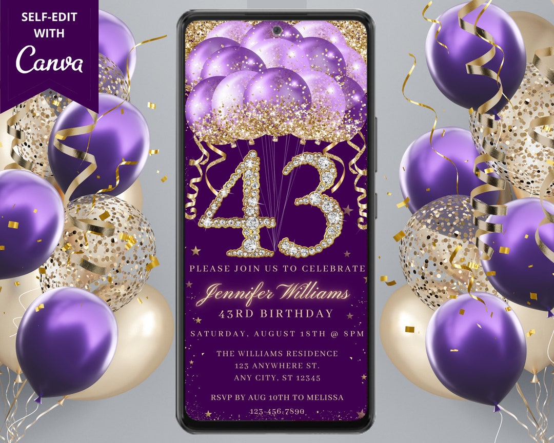 Digital 43rd Birthday Party Purple Gold Diamond Glitter Balloon ...