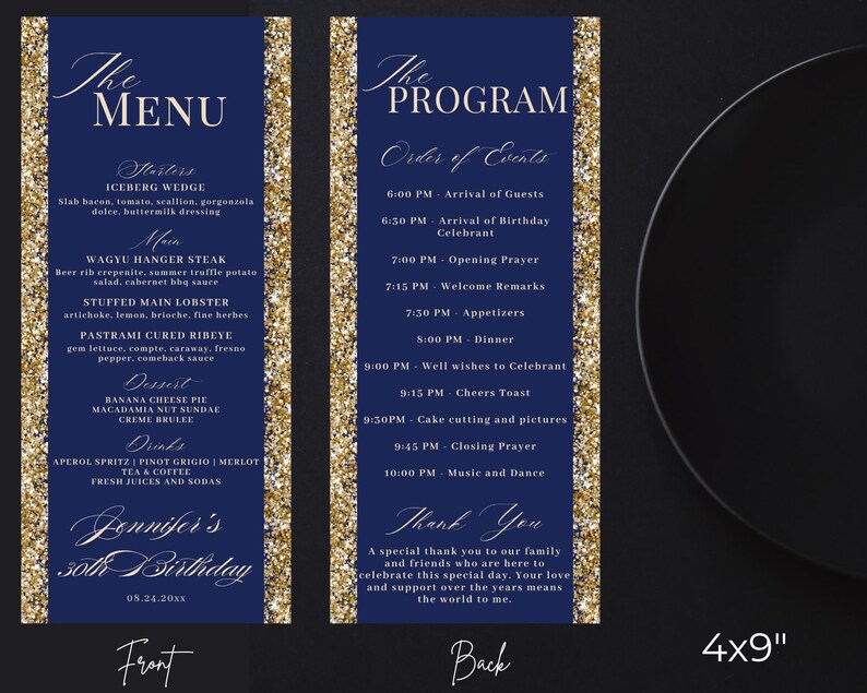 Editable Elegant Blue Gold Glitter Birthday Menu and Program Card ...