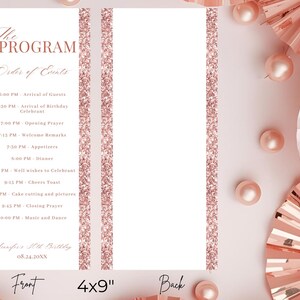 Editable Rose Gold Glitter Birthday Event Program Card Template ...