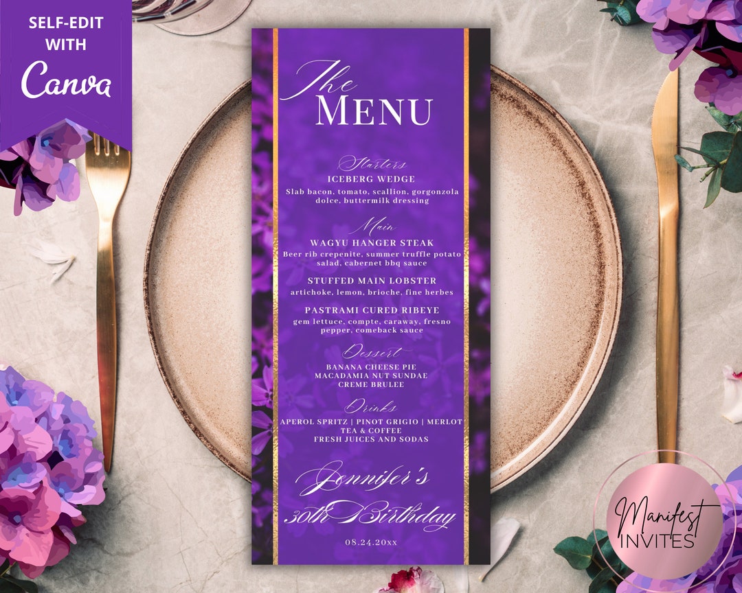 Editable Purple Floral Dinner Menu Card Template, Printable Event Menu ...