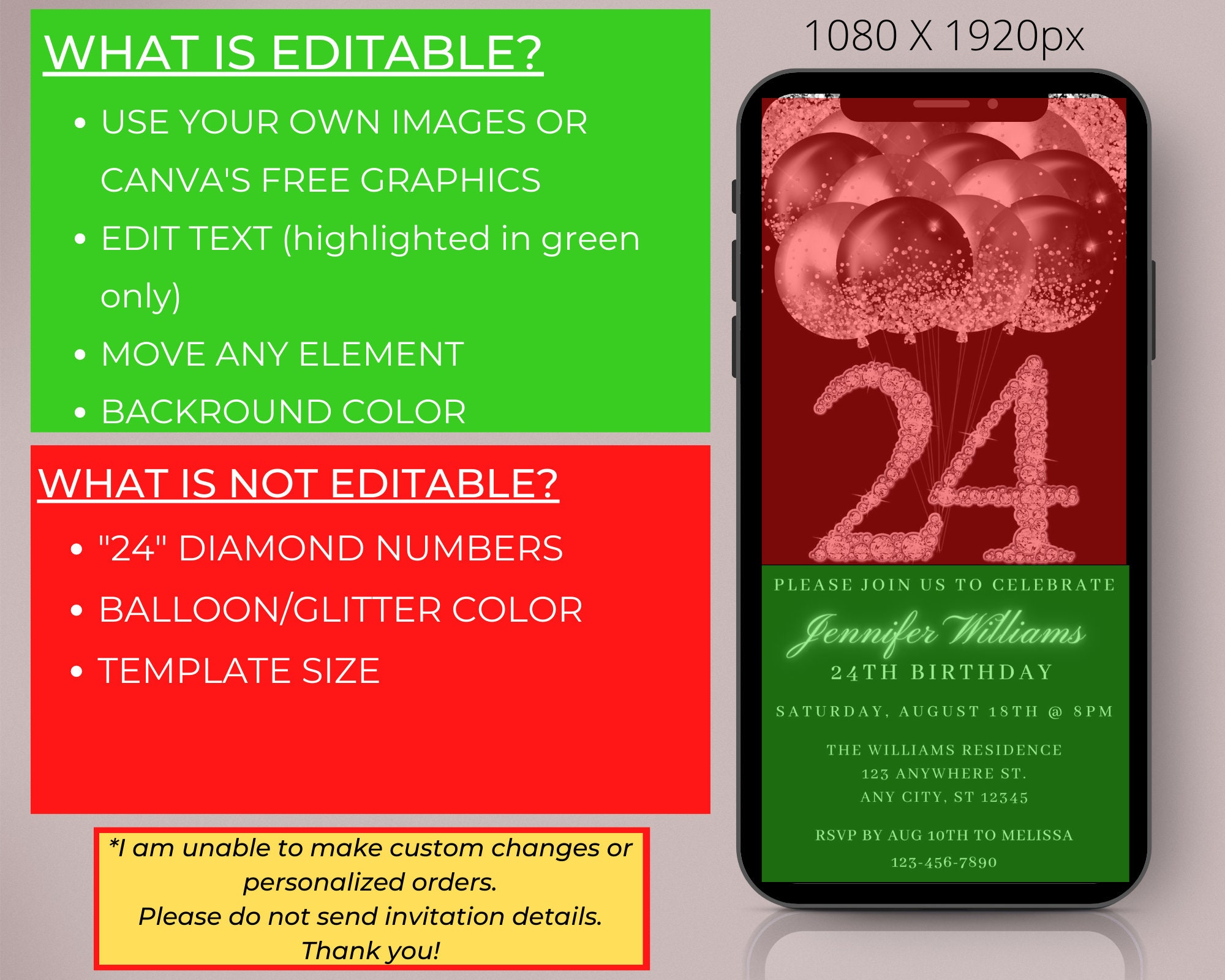 Digital 24th Birthday Black Silver Invitation, Electronic Text Message ...