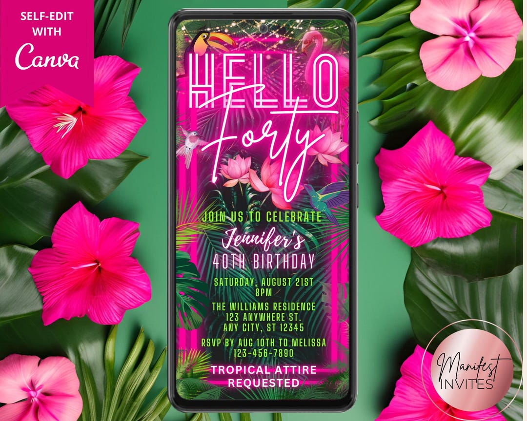 Digital Hello Forty 40th Birthday Tropical Pink Neon Party Invitation ...