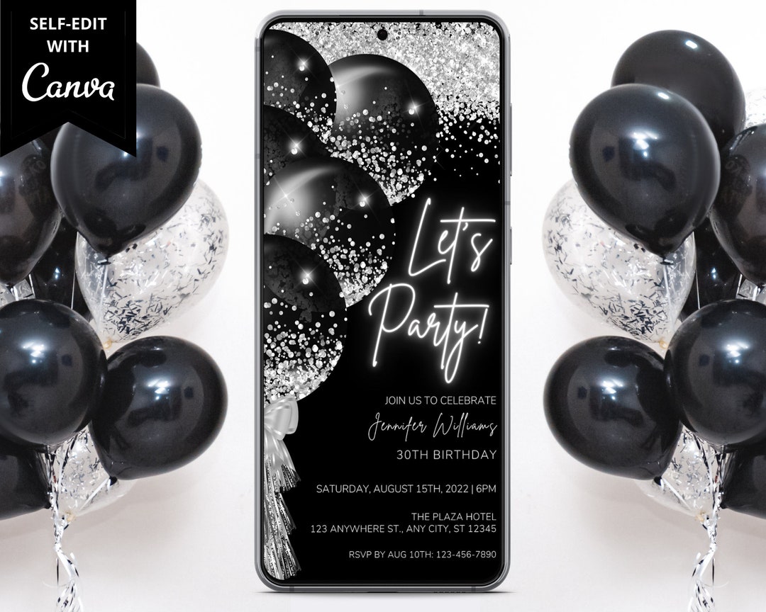 Digital Black Silver Balloons Birthday Party Invitation - Etsy