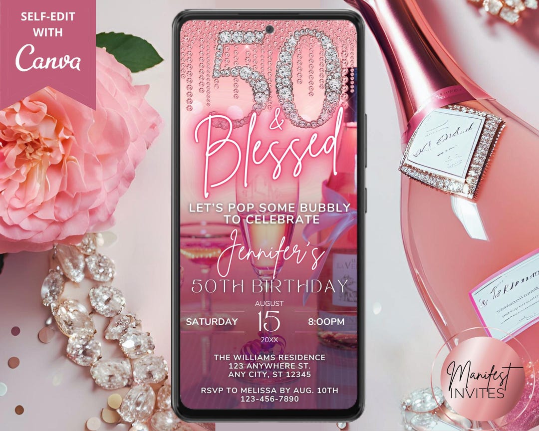 Digital 50 and Blessed 50th Birthday Party Invitation, Pink Champagne ...
