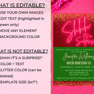 Editable Shhh It's a Surprise Birthday Pink Neon Gold Glitter Party ...