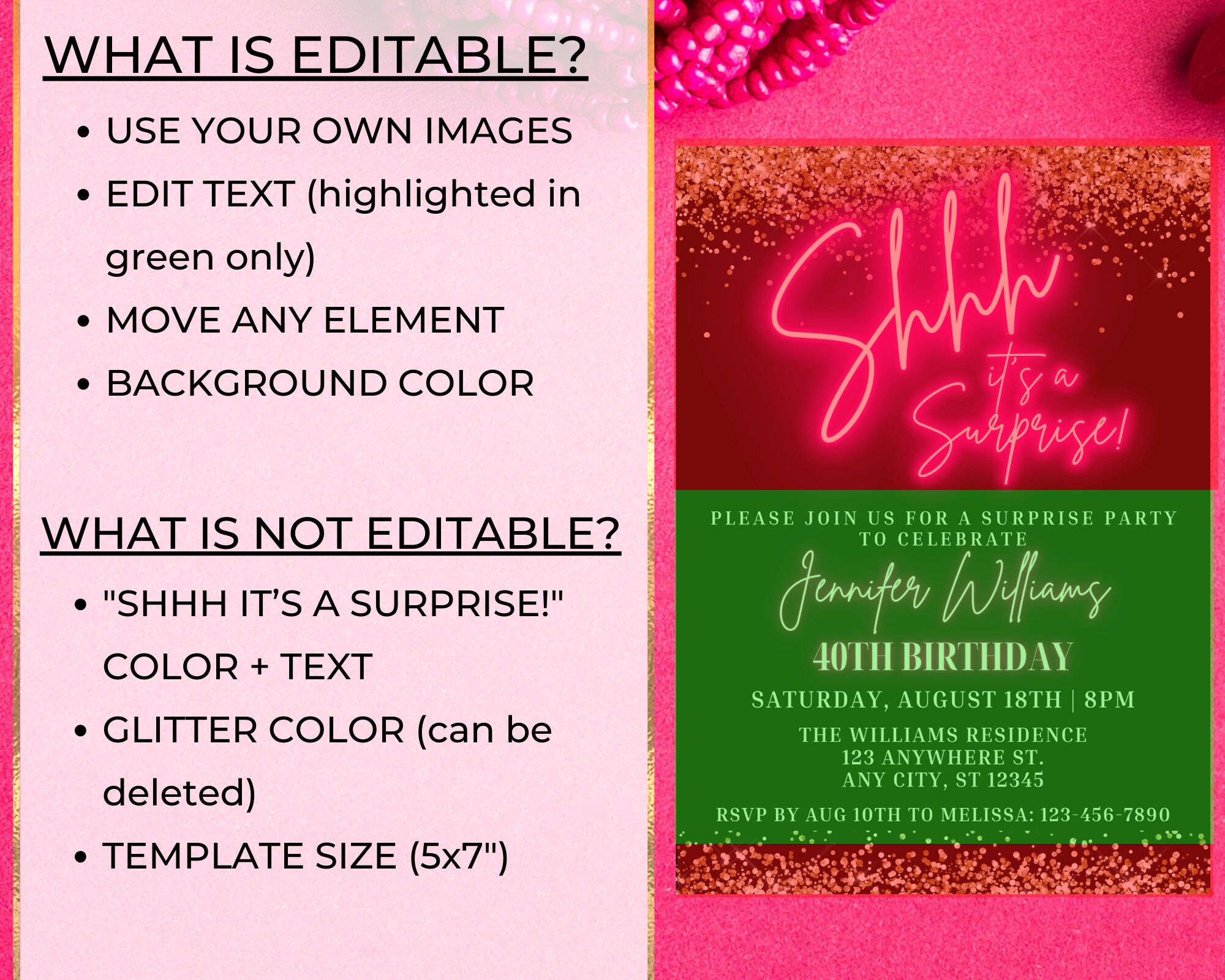 Editable Shhh It's a Surprise Birthday Pink Neon Gold Glitter Party ...