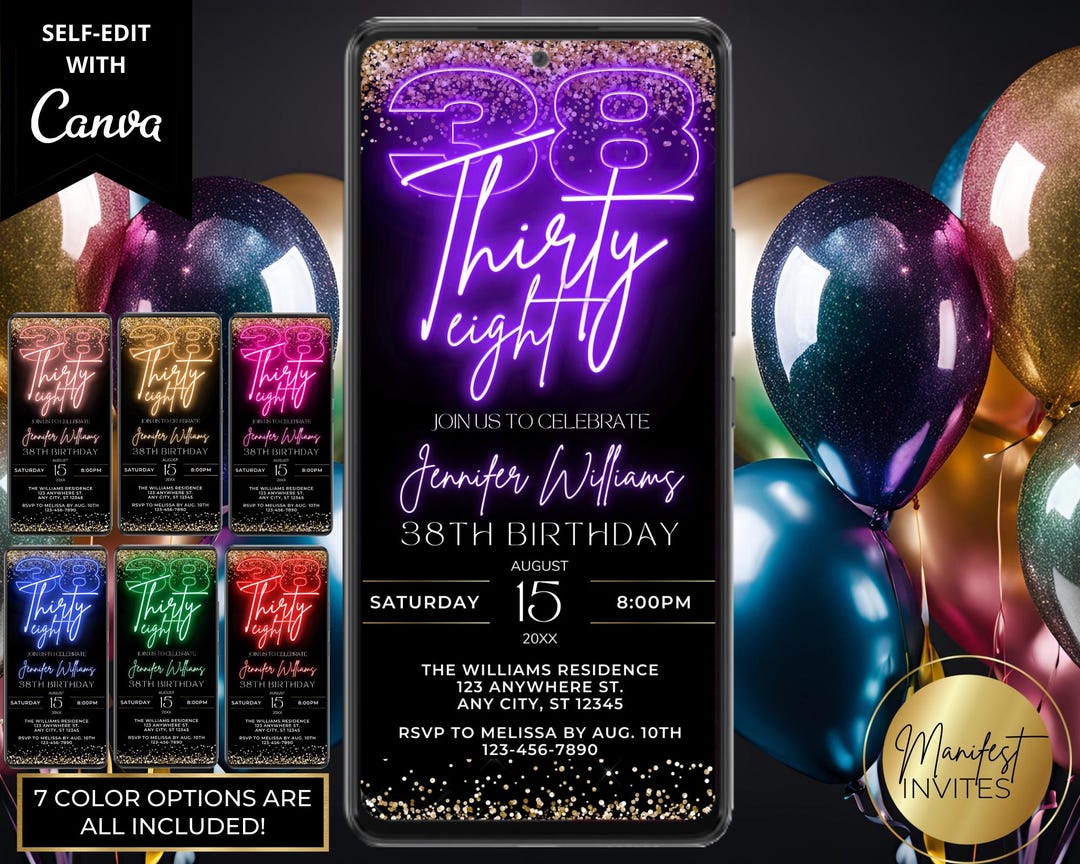 Digital 38th Birthday Neon Gold Glitter Glam Party Invitation, Neon ...
