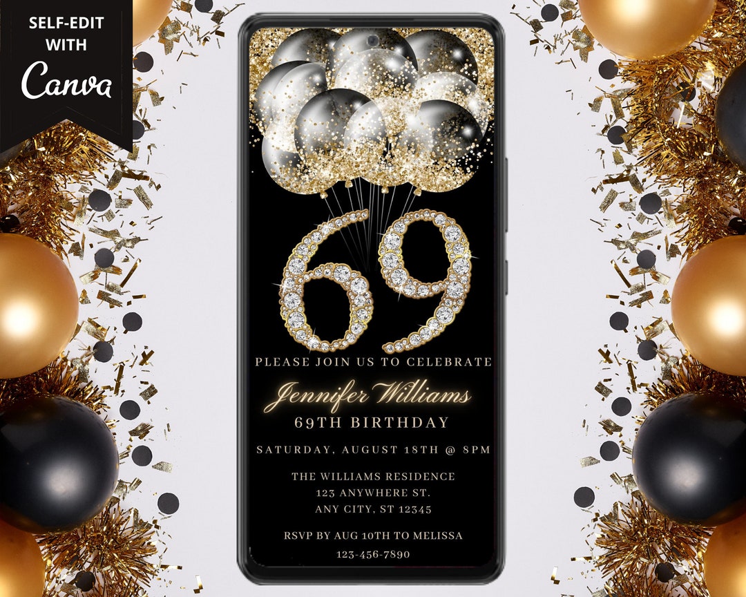 Digital 69th Birthday Party Invitation, Electronic Text Message Evite ...