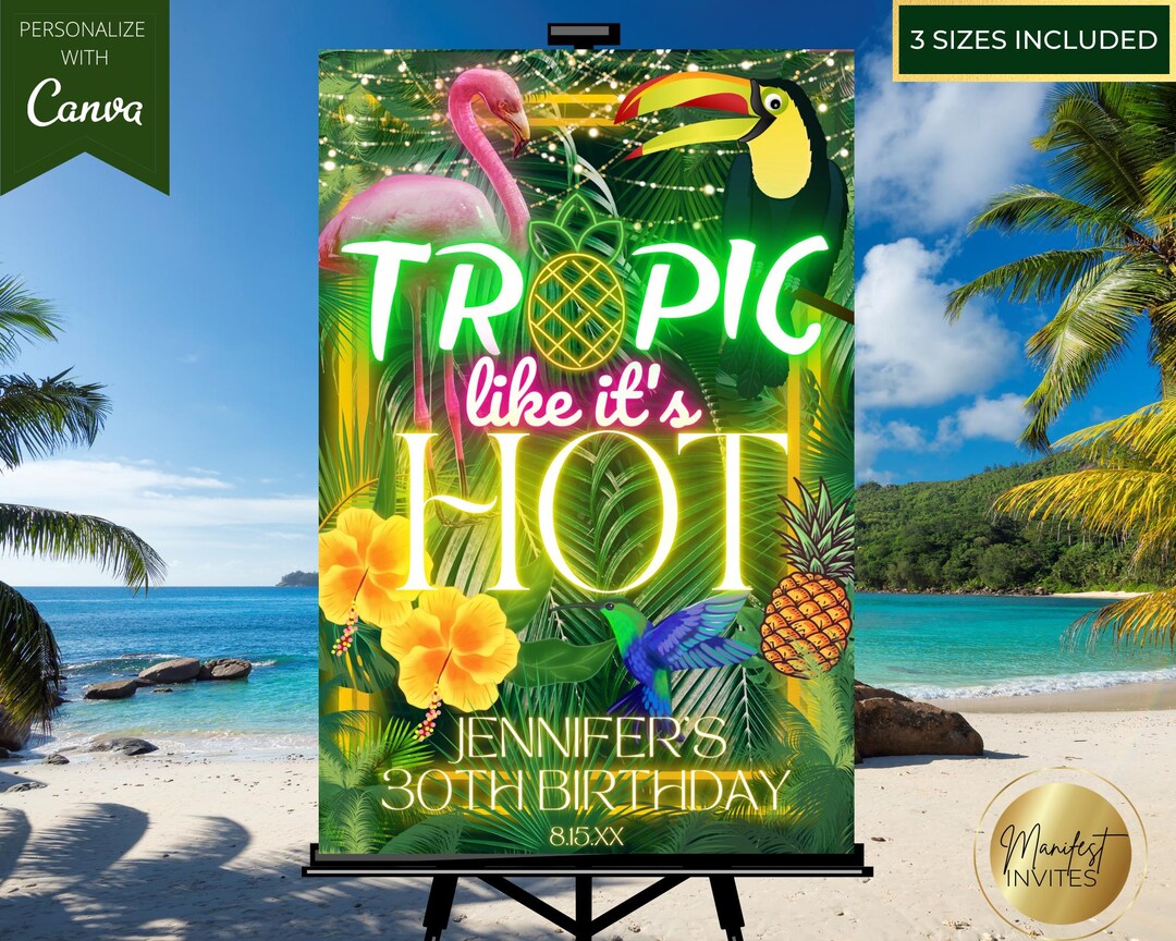 Editable Tropic Like It's Hot Tropical Birthday Welcome Sign, Neon Palm ...