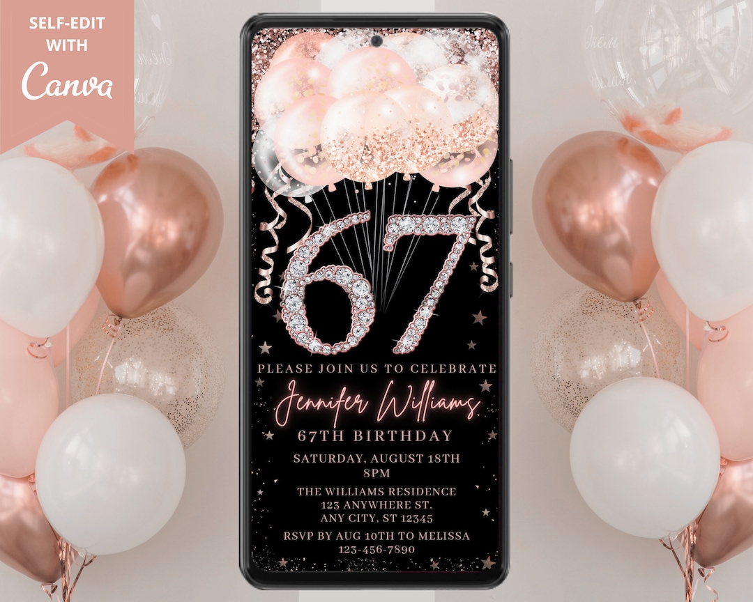 Digital 67th Birthday Pink Rose Gold Diamond Balloons Party Invitation ...