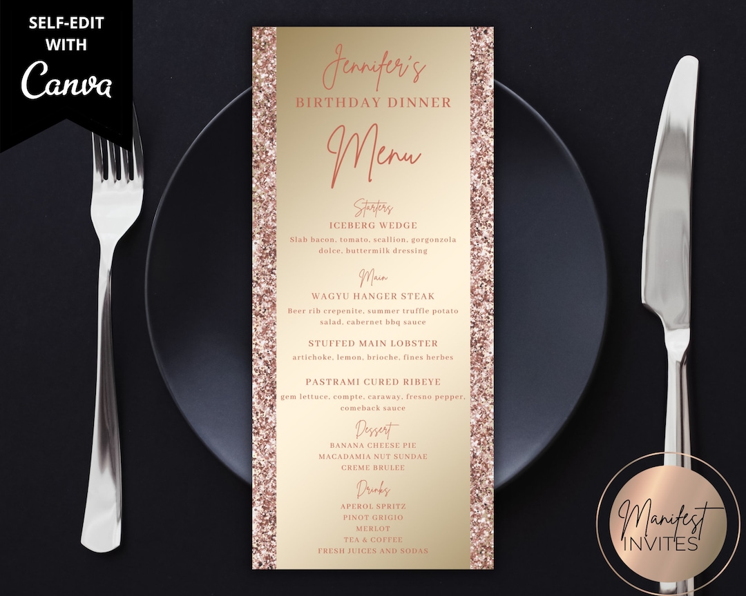 Editable Pink Rose Gold Glitter Birthday Dinner Menu Card, Printable ...