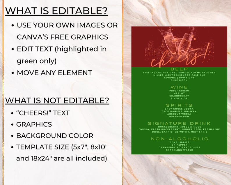 Editable Glam Black Gold Cheers Bar Menu Template, Champagne, Birthday ...