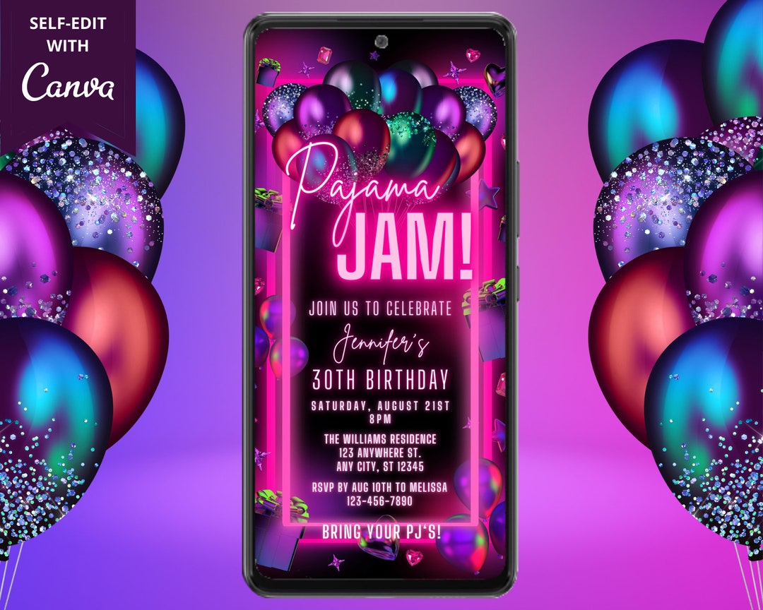Digital Pajama Jam Party Pink Neon Balloon Birthday Party Invitation ...