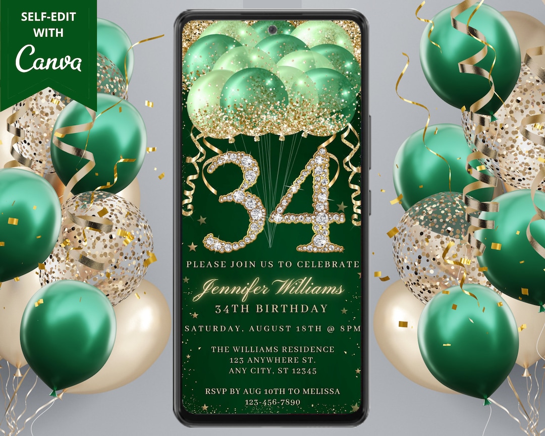 Digital 34th Birthday Party Green Gold Diamond Glitter Balloons ...