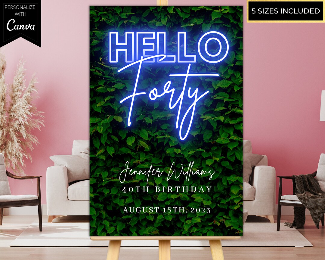 Editable Hello Forty 40th Birthday Welcome Sign, Printable Sign, Blue ...