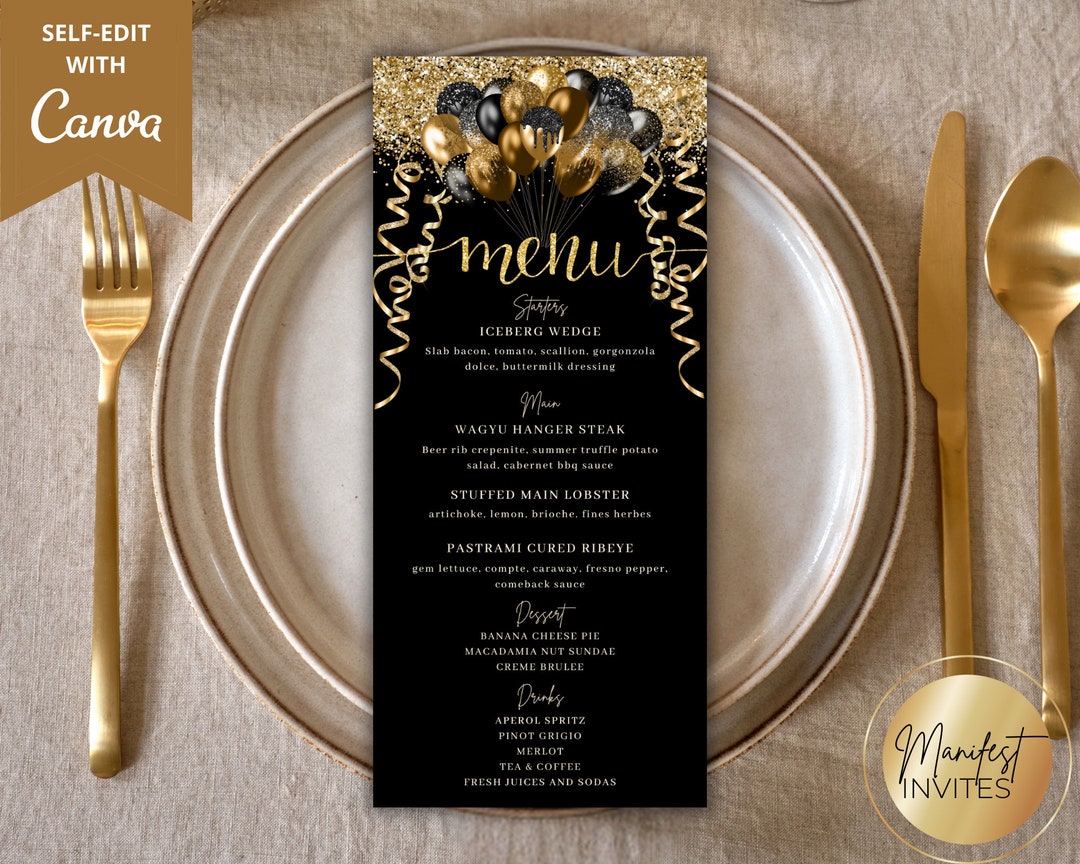 Editable Black Gold Glitter Balloons Birthday Dinner Menu Card ...