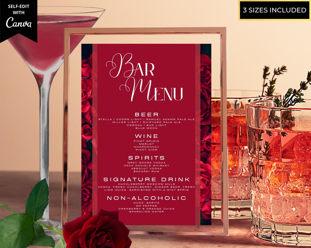 Editable Floral Red Roses Bar Menu Template, Signature Drink Cocktail ...